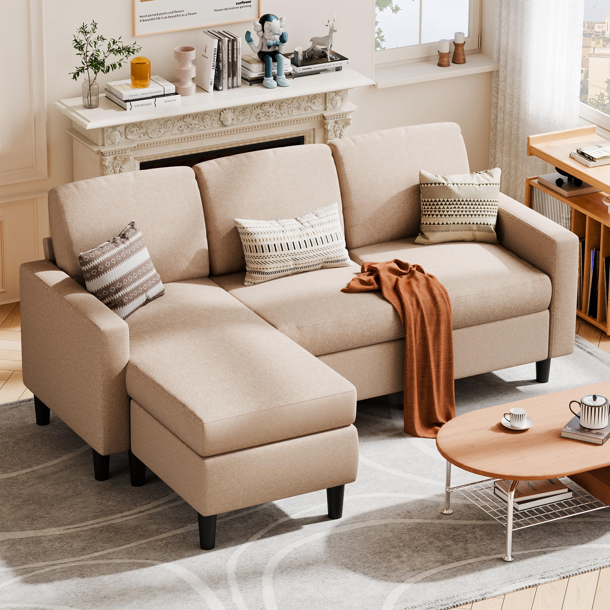 SUNLEI L-Shaped Couch Sofa for Living Room, Convertible Sectional Sofa with Reversible Chaise Modern Linen Fabric, Sectional Sofa Couch for Small Space(Beige
