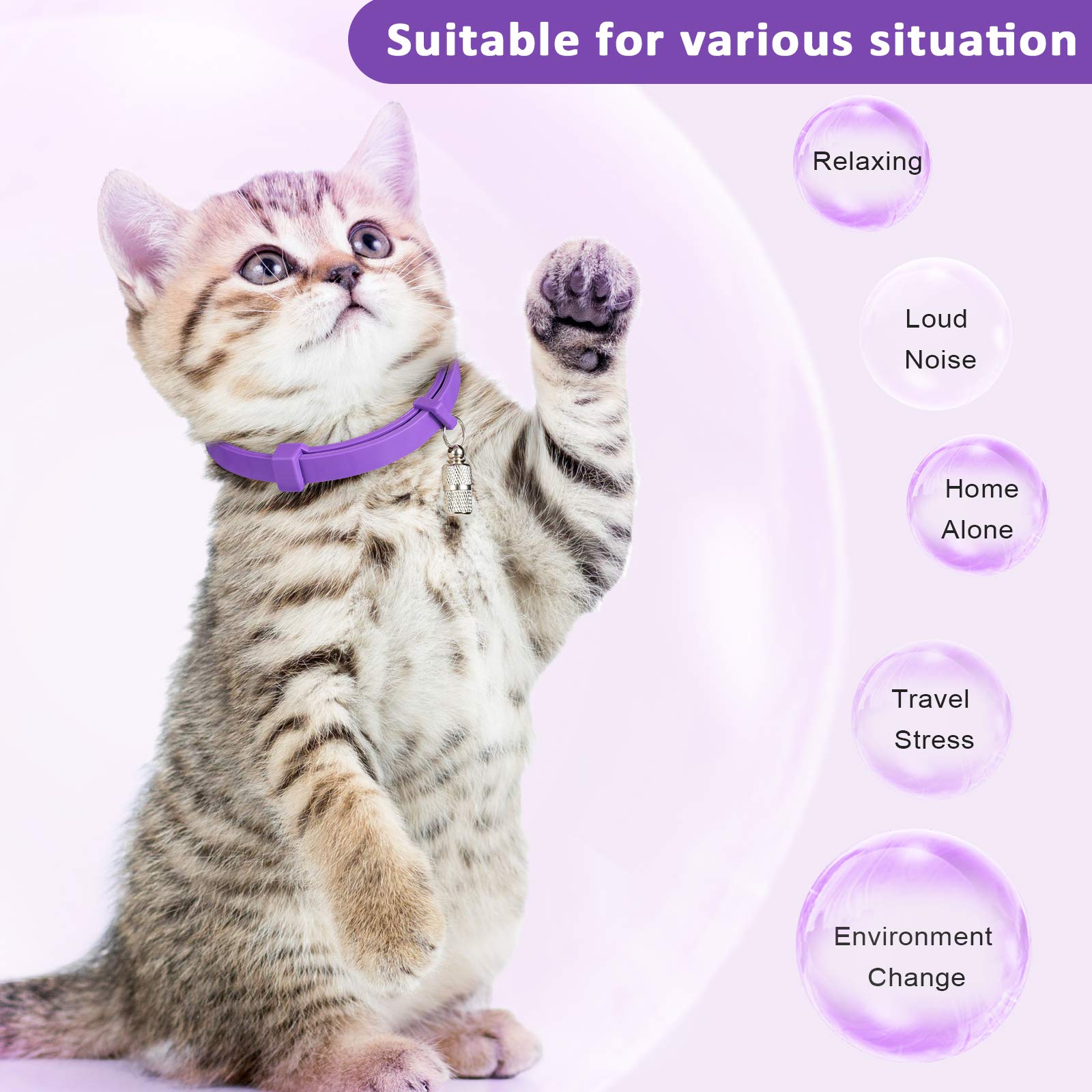 Weewooday 5 Set Calming Collar for Cats Adjustable Waterproof Cat Calming Collars Reduce Anxiety Stress Cat Collars with 5 Pet ID Pendants (Purple)