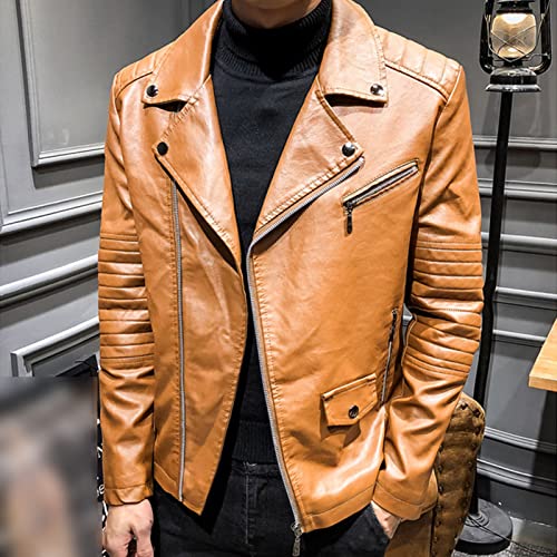 Maiyifu-GJ Men's PU Leather Jacket Vintage Asymmetric Zip Motorcycle Jacket Casual Lightweight Faux Leather Biker Coat (Yellow,3X-Large)