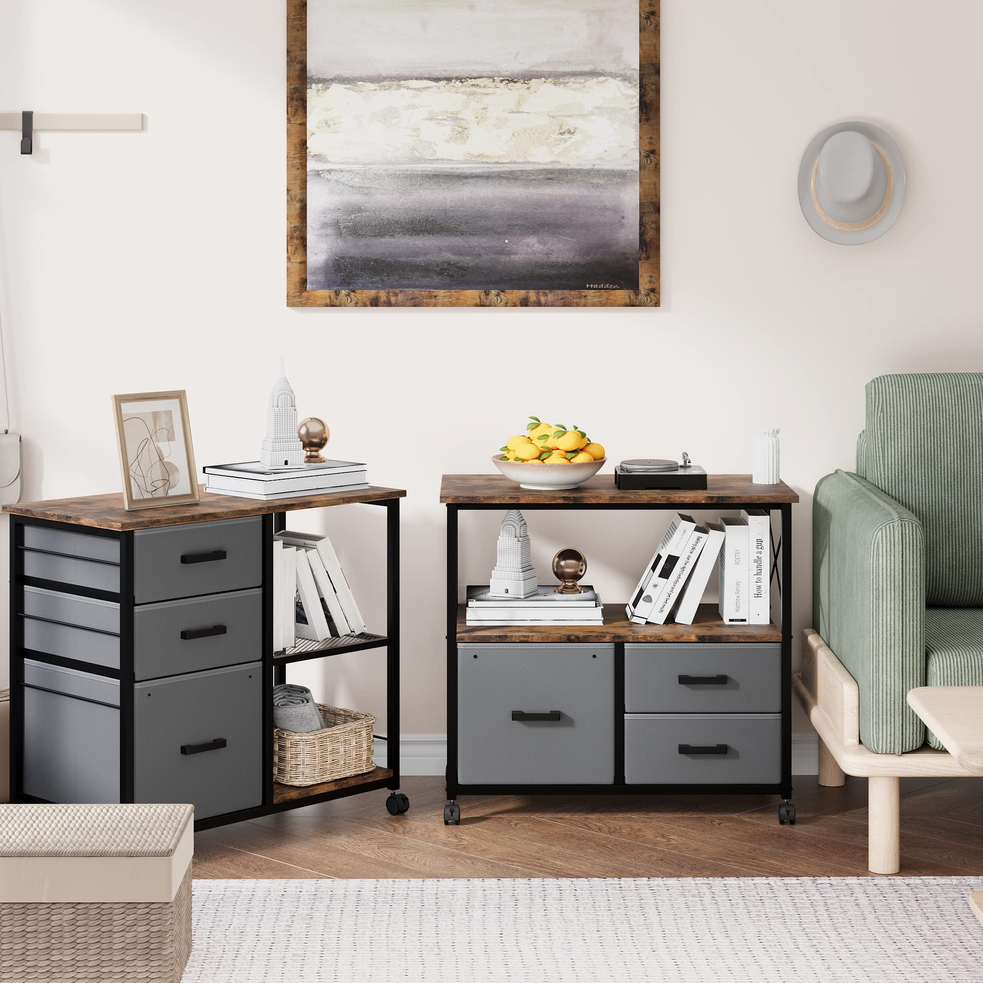 IDEALHOUSE Lateral File Cabinet with 3 Drawer, Mobile Filing Cabinet Rolling Printer Stand Fits A4 or Letter Size, Lateral Filing Cabinet with Wheels, Under Desk Storage Cabinet for Home Office, Grey