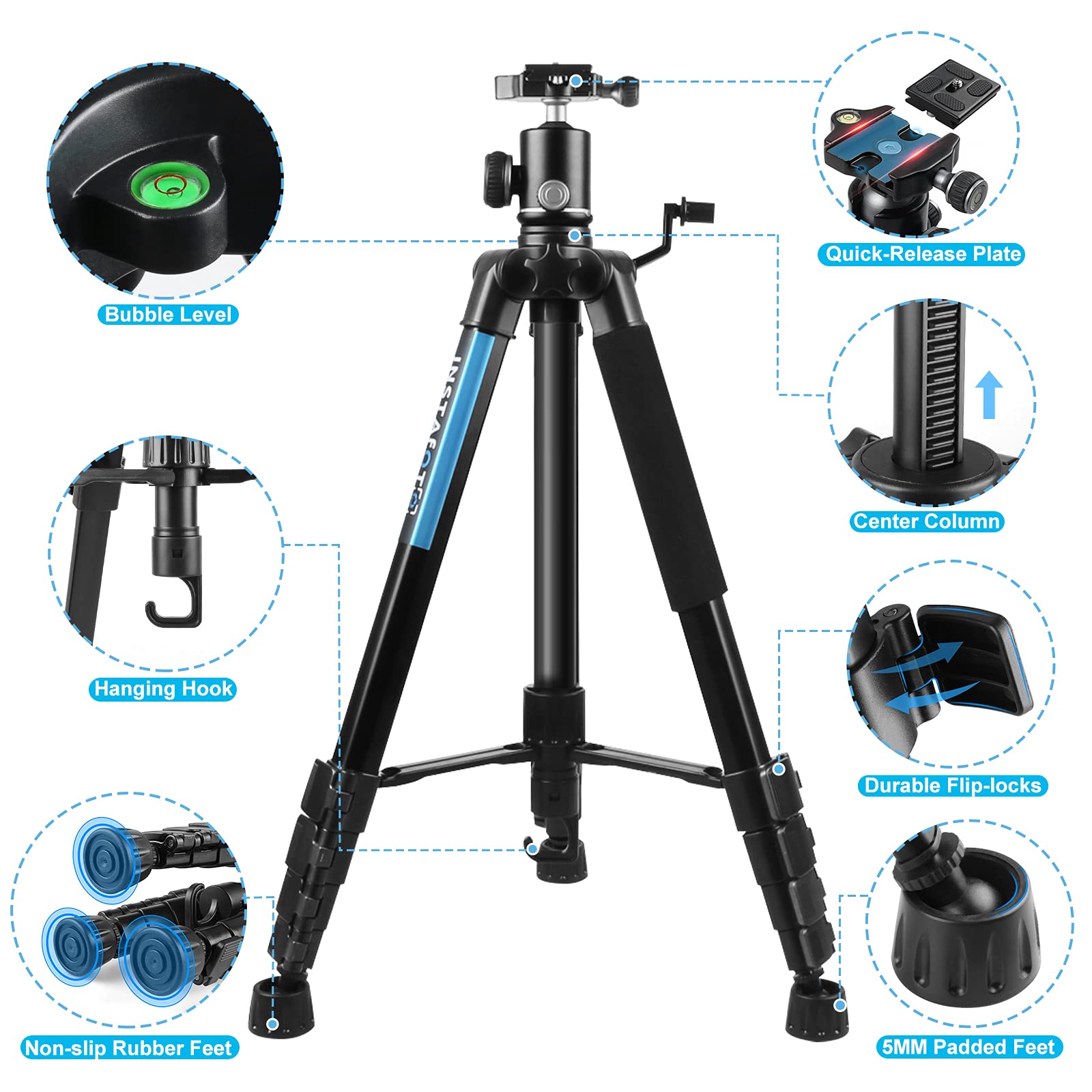 Instafoto 74'' Camera Tripod with Full Aluminum Ball Head, DSLR Tripod for Camera Canon Nikon with Quick-Release Plate, Phone/Tablet Holder & Carry Bag, Max. Load 17.6 lbs/ 8 kg