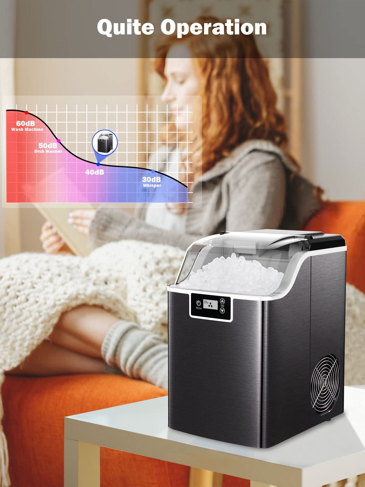 Kndko Nugget Ice Maker with Chewy Ice,High Ice-Making of 45lbs/Day/14,000pcs, Self-Cleaning,24-Hour Timer for Home Kitchen Bar Party,Bright Black Stainless Steel