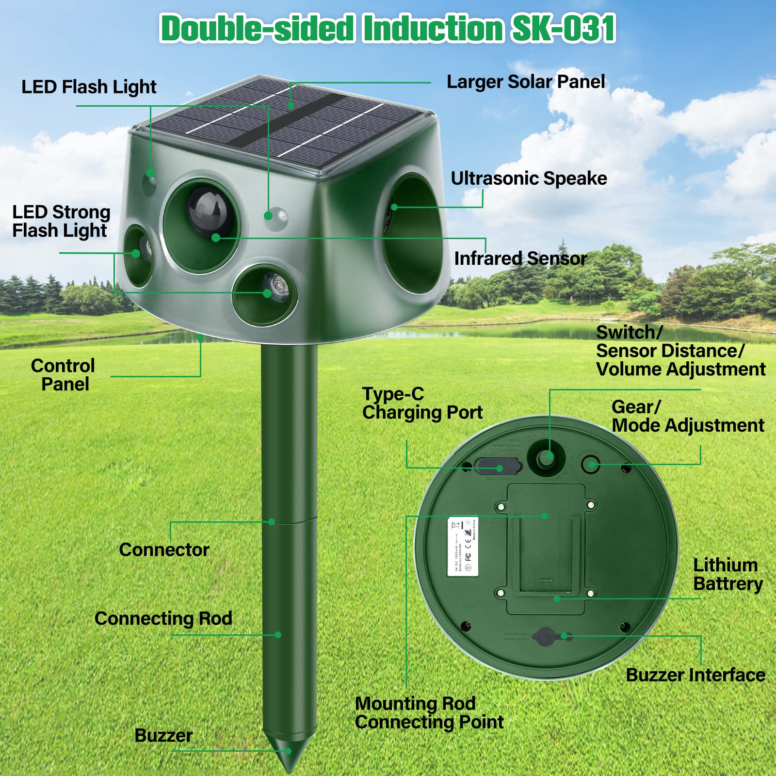 Solar Ultrasonic Animal Repeller, 2024 New 4 Sided 360° Cat Repellent Outdoor with 7 Modes Adjustable, IP66 Waterproof, Double-Sided Flashing Light & Ultrasonic Speaker for Cat Squirrel Bird Dog Deer