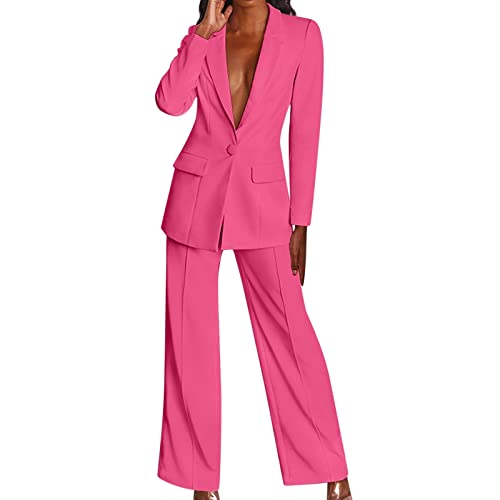 Pink Blazer for Women Casual Solid Long Sleeve Suit Button Coat High Waist Long Pant 16 Piece Set Womens Jacket and Pants