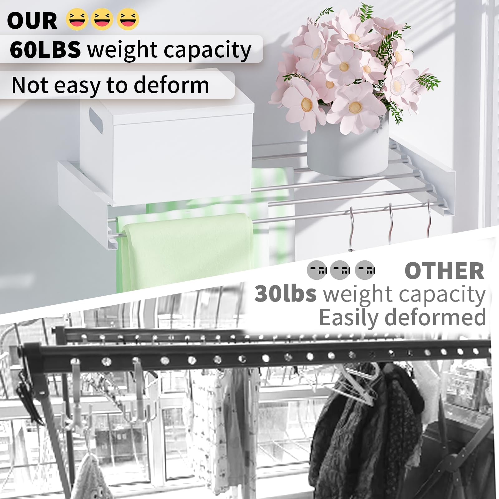 QIICMER Drying Rack Clothing,Wall Mounted Drying Rack,Collapsible Drying Racks for Laundry,Retractable Clothes Drying Rack, Laundry Space Saver Wall Mounted Rack,60 lb Capacity(White 31.5")