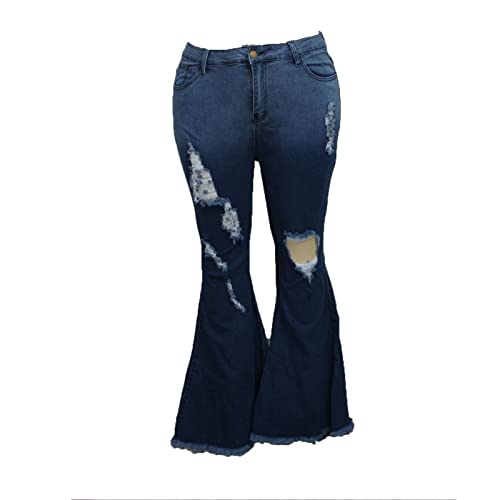 Maiyifu-GJ Women's Retro Ripped Flare Jeans High Waisted Bell Bottom Denim Pants Destroyed Raw Hem Wide Leg Jean Trousers (Dark Blue,5X-Large)