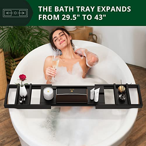ROYAL CRAFT WOOD Luxury Bathtub Caddy Tray, 1 or 2 Person Bath and Bed Tub Table with Extending Sides, Adjustable Organizer Tray for Bathroom - Free Soap Dish (Black)
