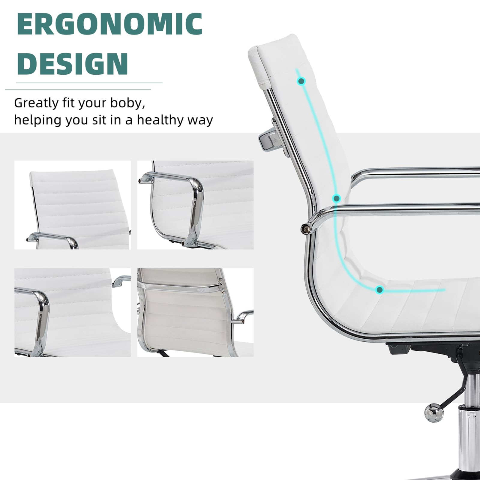 LUXMOD Office Chair White Ergonomic Desk Chair Executive Conference Room Chair Leather Modern Home Office Chair for Desk Mid-Back Office Computer Desk Swivel Chairs (1pcs)