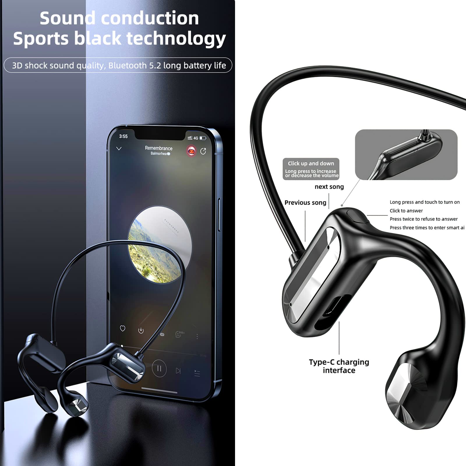 Premium Bone Conduction Open-Ear Bluetooth Bone Conduction Headphones - Sweat Resistant Earphones for Workouts and Running with Deep Base - Built-in Mic(Black-02)