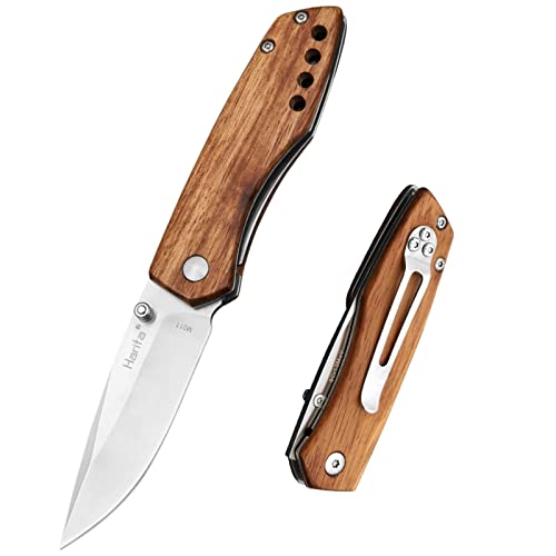 Pocket Knife with Belt Clip, Folding Tactical Knife for Camping Hunting Fishing, Safety Liner-Lock, 8cr13mov Stainless Steel Blade, Zebra Wood Handle, Fine Edge
