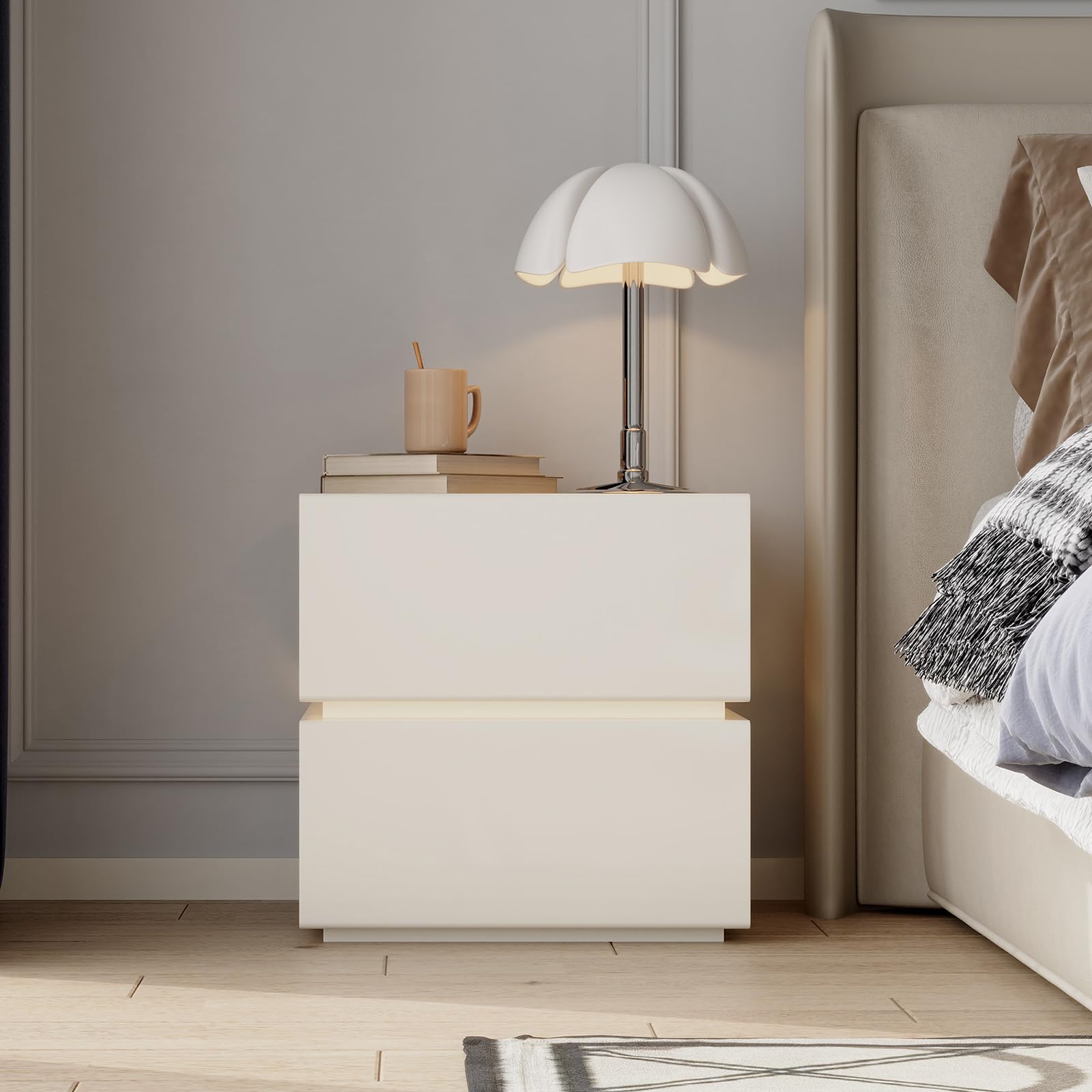 Solarka Nightstand with Lights, Small LED Nightstand Modern Bedside Table with 2 Drawers, Side Table with Leather Surface, No Assembly (Black/White)