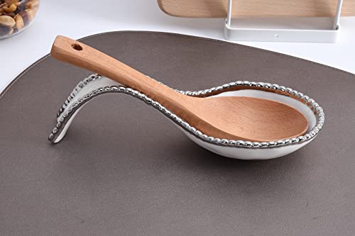 Pampa Bay Salerno Platinum Spoon Rest, 4-inches, Porcelain and Titanium, White and Silver