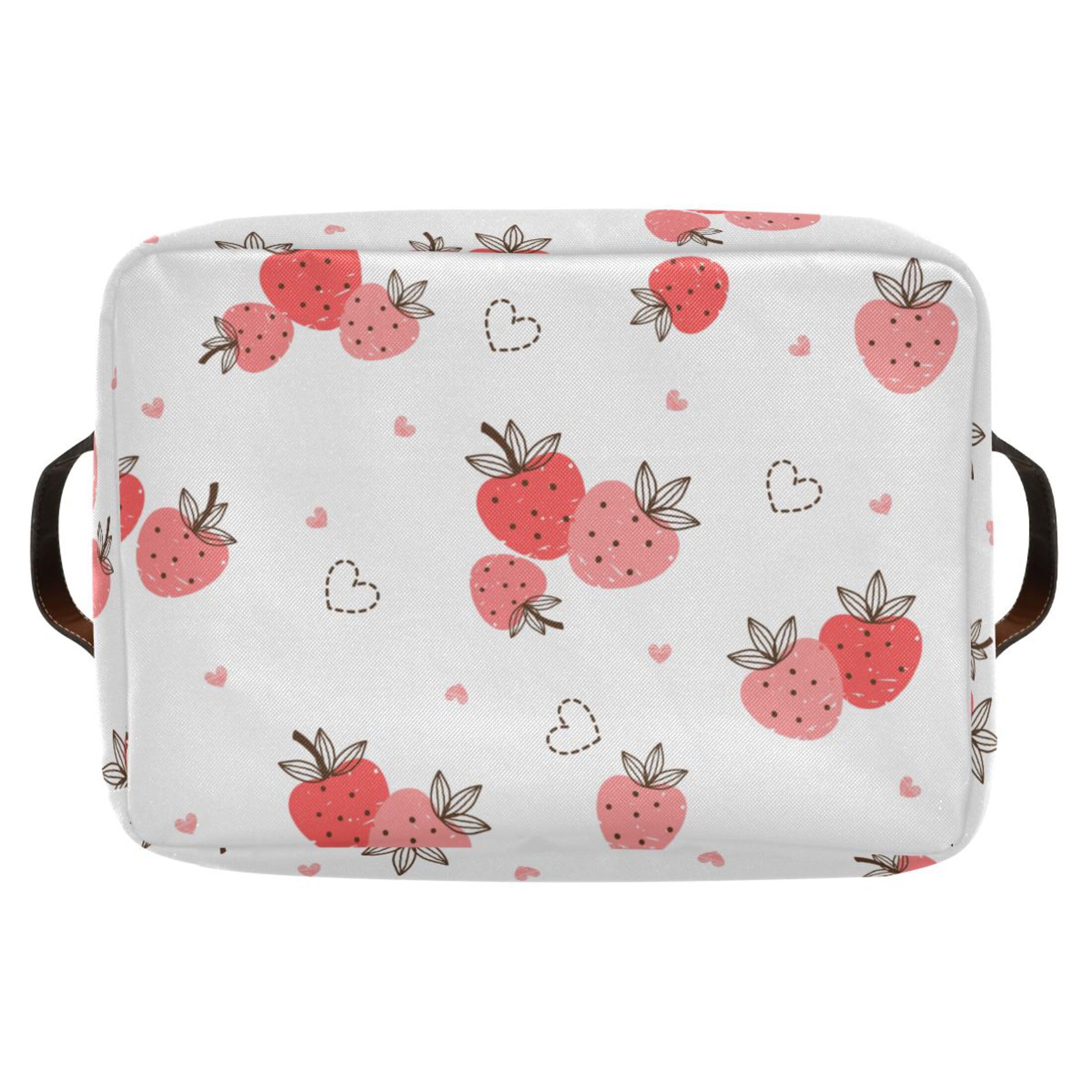 Qilmy Strawberry Pattern Storage Basket with Handles for Organizing, Collapsible Canvas Shelves Storage Bins for Home Closet Bedroom Living Room