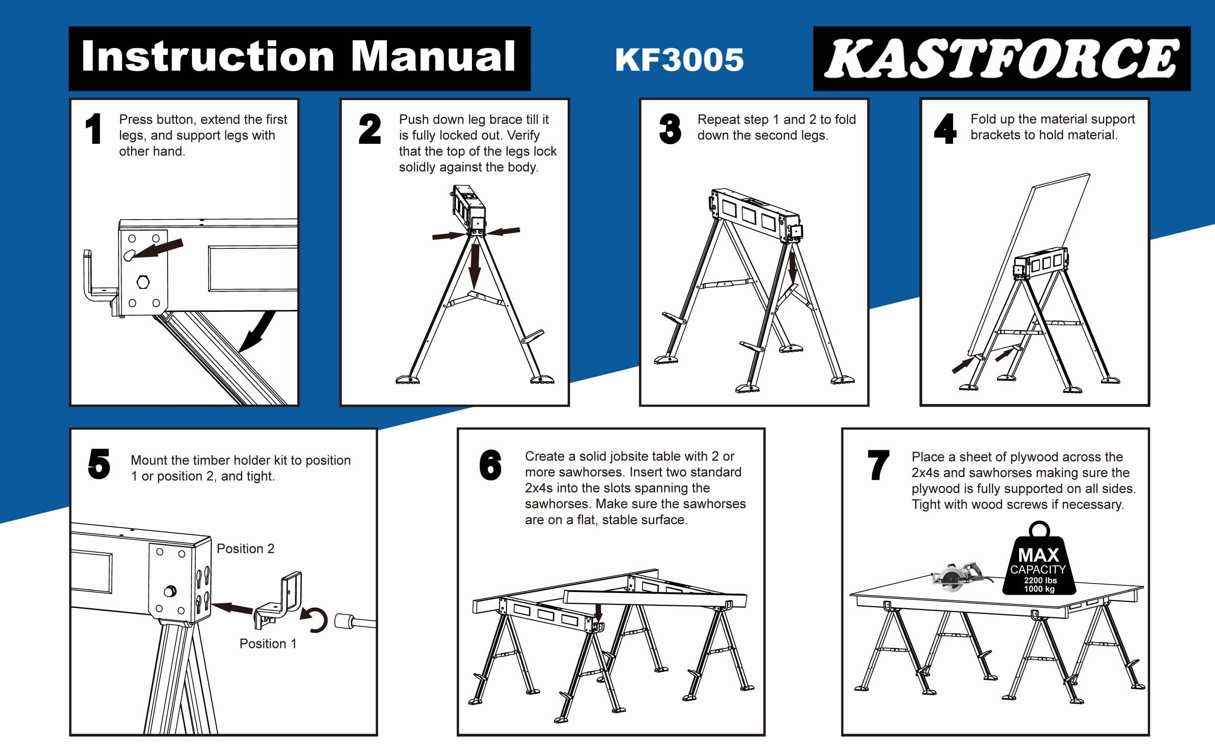 KASTFORCE Folding Sawhorse 2200 lb /1000kg capacity Heavy Duty Jobsite Table Stand with Folding Legs Twin Pack KF3005