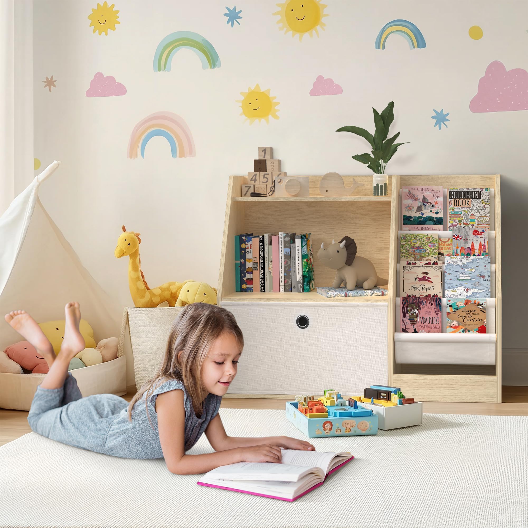 TOETOL Kids Bookshelf & Book Storage,4 Sling Wooden Toddler Book Shelf,2-Tier Wooden Open Bookcase & Storage Organizer Boxes for Nursery, Playroom, Bedroom