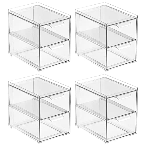 mDesign Stackable Storage Containers Box with 2 Pull-Out Drawers - Stacking Plastic Drawer Bins for Kitchen Pantry and Cupboard, Cabinet, Counter, Island and Tables - Lumiere Collection, 4 Pack, Clear