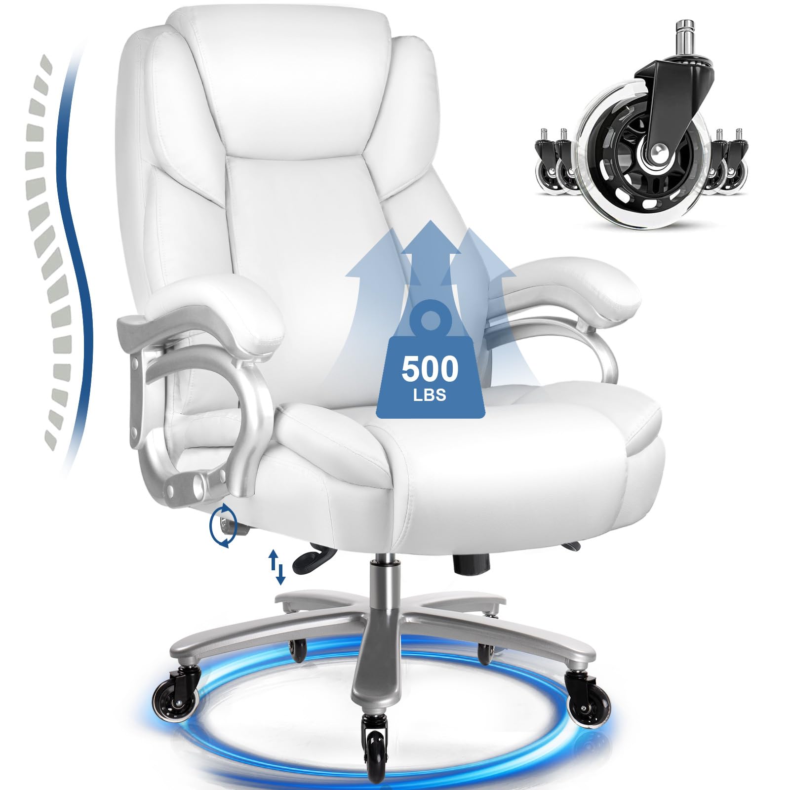 Waleaf Big and Tall Office Chair 500lbs, Adjustable Lumbar Support Executive Office Chair with High Back, Ergonomic Heavy Duty Office Chair, Office Chair for Heavy People (White)