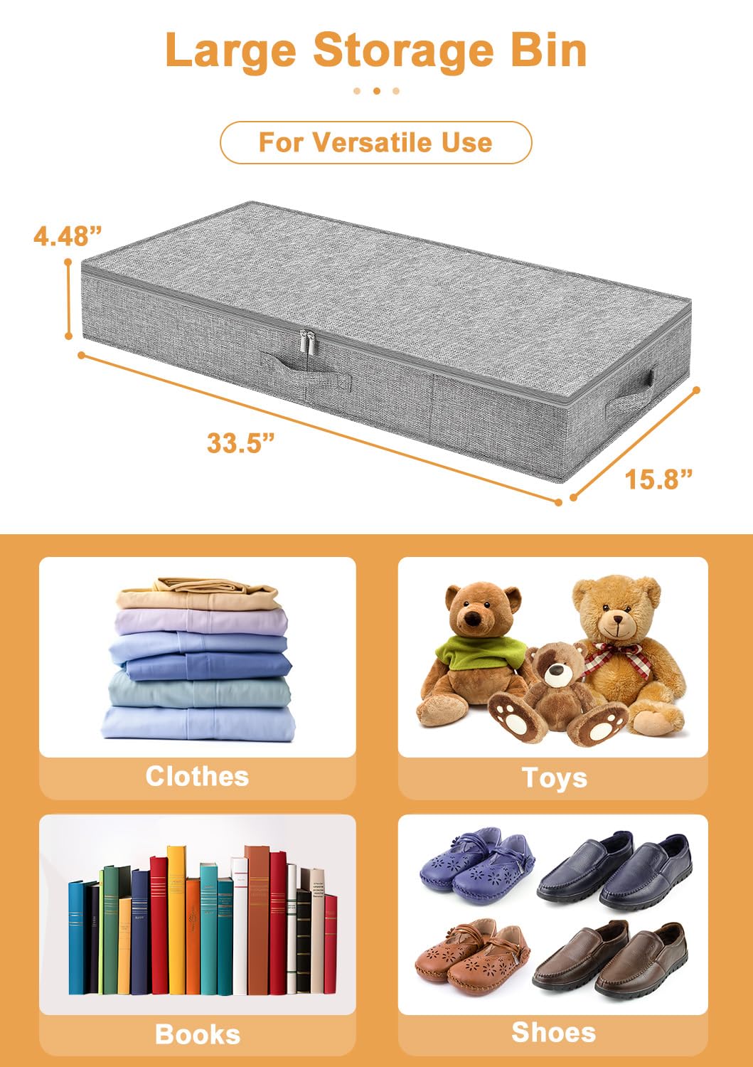 punemi Under Bed Storage Containers, 2 Pack 4.5 Inch Tall Low Profile Underbed Clothes Storage Organizer Bin with Sturdy Side & Bottom Support, Use as Clothes Organizer, Pillow and Blanket Organizer