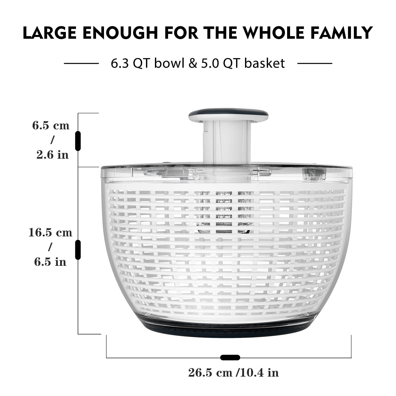 Ourokhome Salad Spinner Lettuce Dryer, One-handed Easy Press Large Vegetable Dryer Salad Mixer with Comfortable and Retractable Pusher and Brake Button for Greens, Herb, Berry, Fruits, 6.3 QT, Black