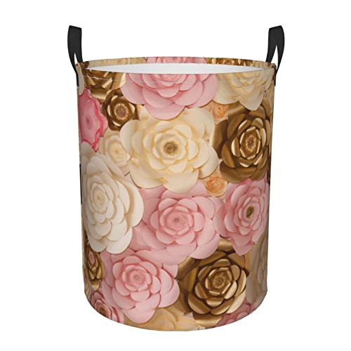 Pink White Gold Flowers Round Laundry Basket Toy Storage Basket, Storage Bin With Handle, Suitable For Bedroom, Toys, Boys, Girls, Toy Room