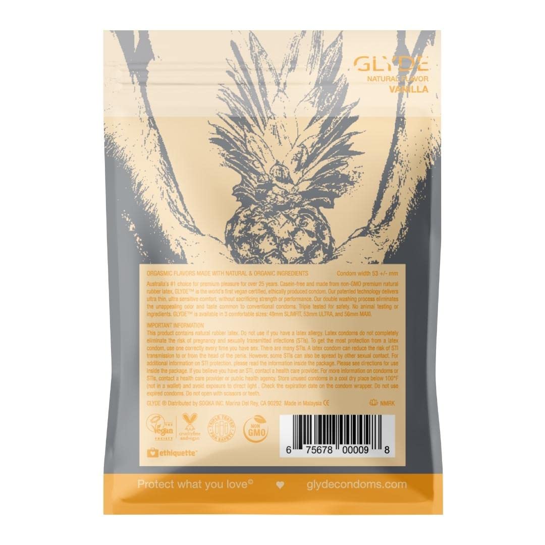 GLYDE Vanilla Flavored Ultra Thin Condoms - 4 Count - Organic Flavor Extract, Ultra-Thin, Vegan, Non-Toxic, Medium Size Natural Rubber Latex, 53mm Standard Fit