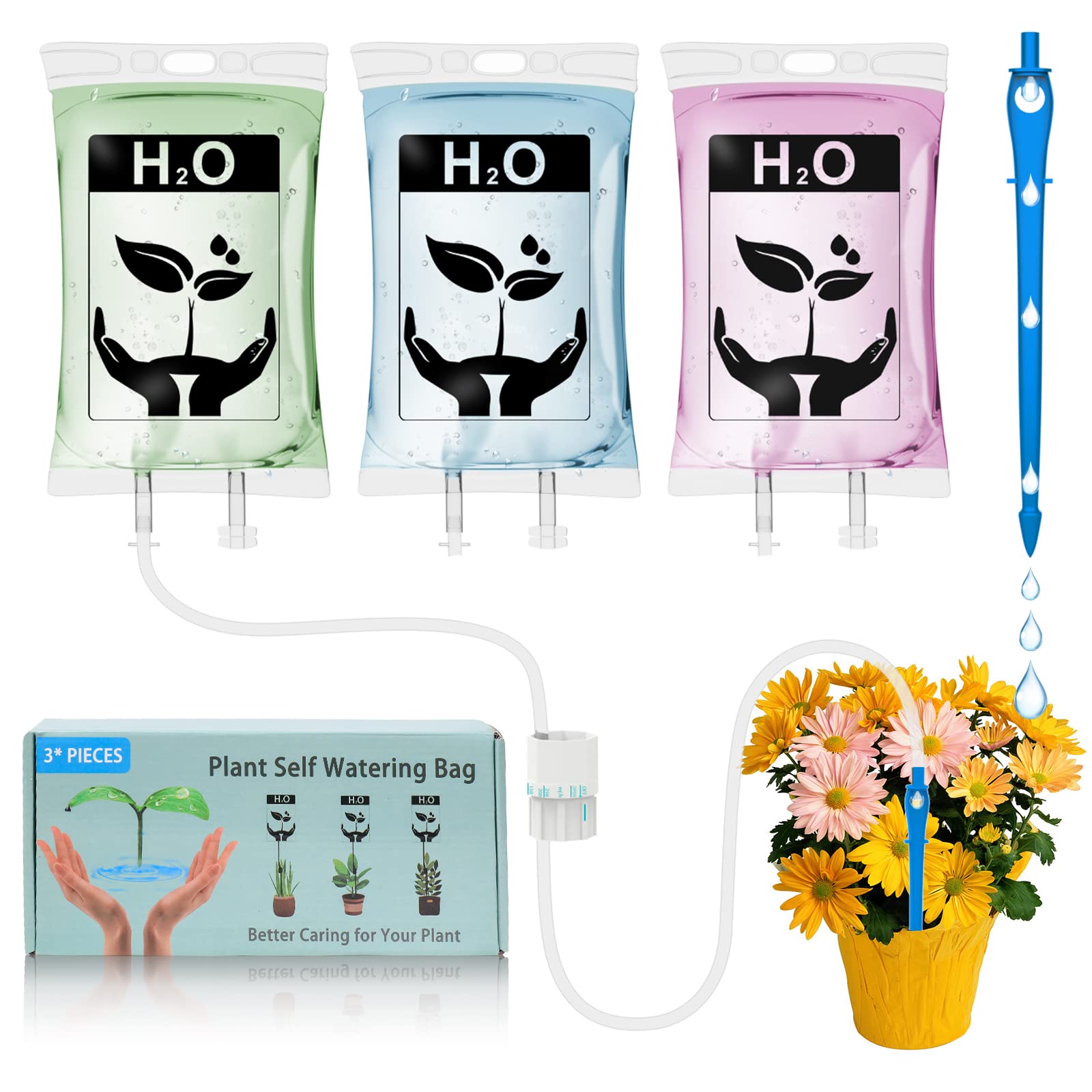Plant Self Watering Spikes with Water Storage Bag Devices, Slow Release Control Valve Switch Automatic Irrigation Drip Watering System, Plant Self Waterer for Vacations Outdoor Indoor Potted (3 Pack)