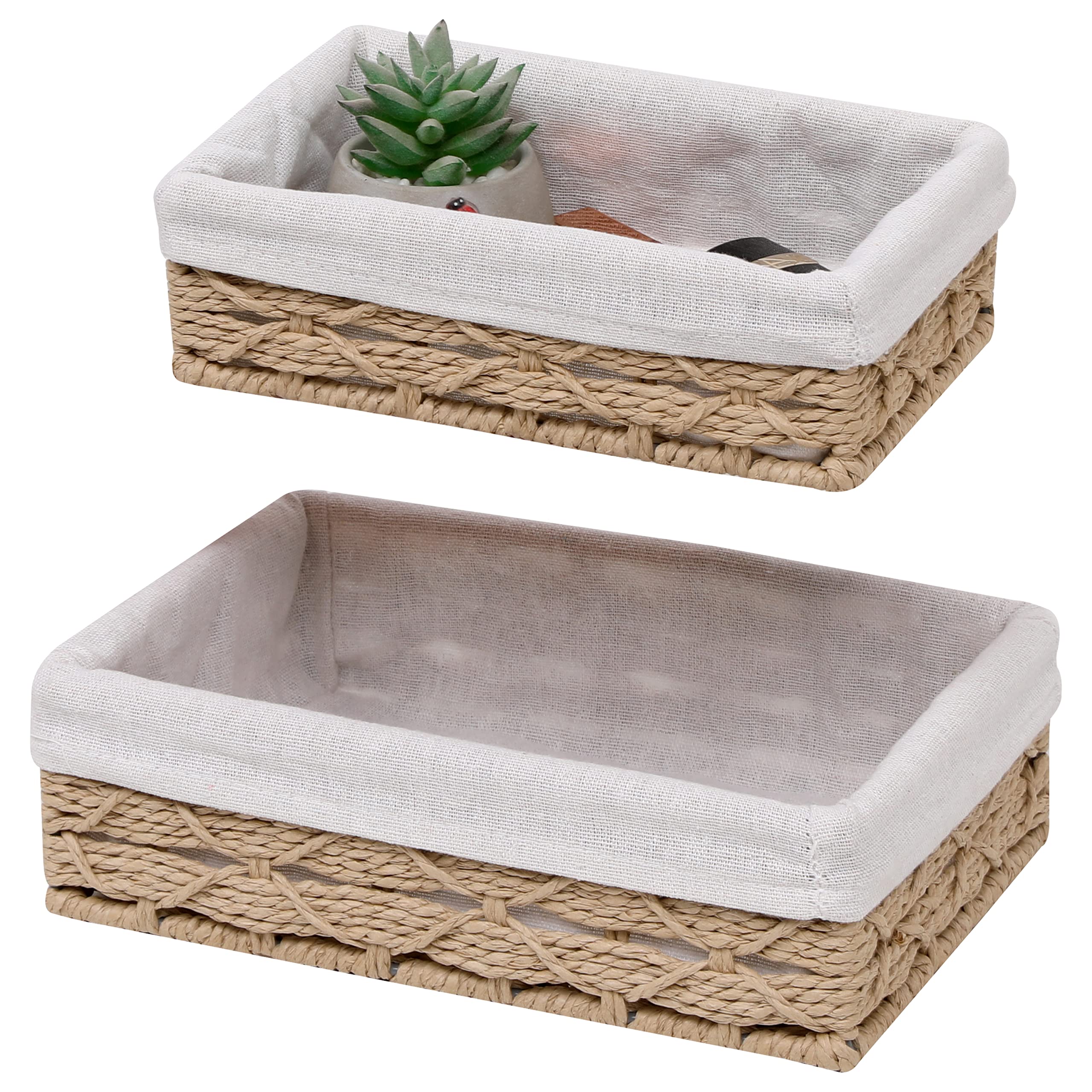 Sopsele Small Wicker Baskets for Organizing,Paper Rope Storage Basket,Desk Basket With Liner,Hand Towel Baskets, Baskets for Drawer Organizing, Toilet Tank Basket, Set of 2 Beige