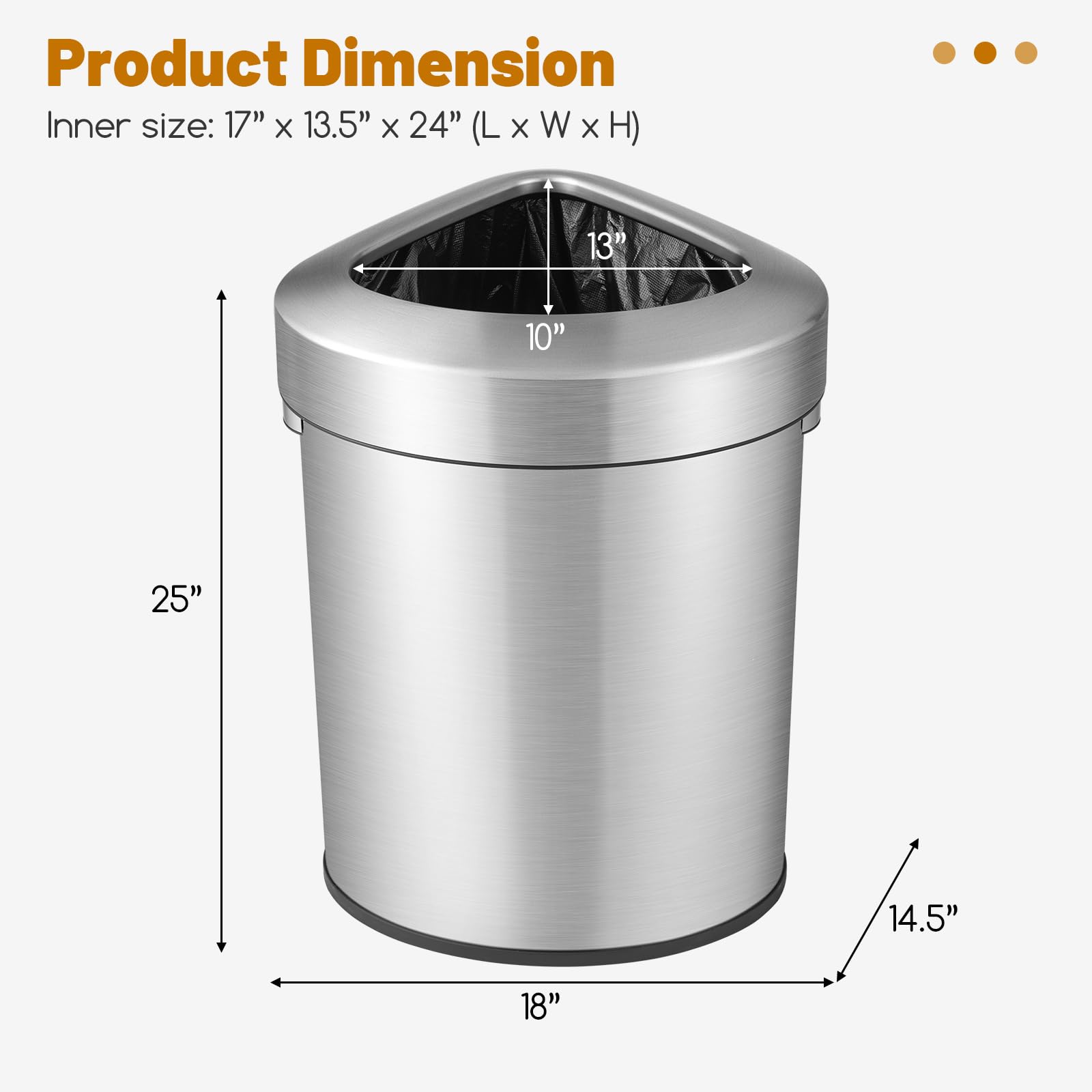 S AFSTAR Corner Trash Can 16 Gallon/60 L, Kitchen Garbage Can, Large Open Top Touchless Rubbish Can, Anti-Slip Bottom, Triangular Waste Bin, Stainless Steel Trash Bin for Bathroom Kitchen Bedroom