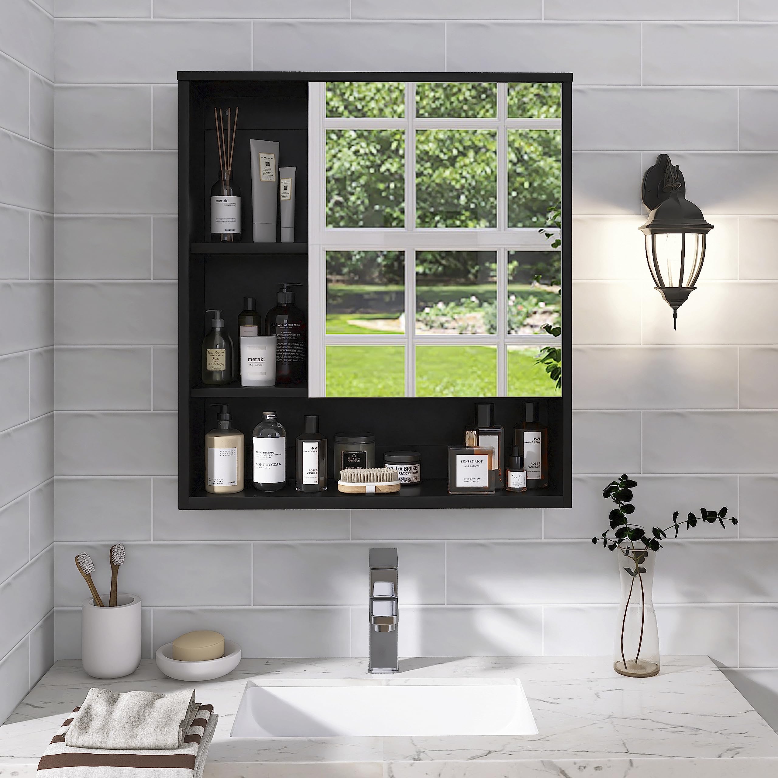 SMIBUY Bathroom Mirror Cabinet Wall Mounted, Bamboo Space Saver Medicine Cabinet, Wall Hanging Over Toilet Storage Cabinet with Mirror Door and Adjustable Shelf (Black)