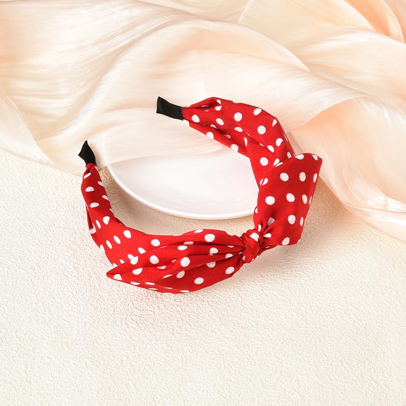 Polka Dot Bunny Ear Knotted Bow Headbands - Vintage Hair Accessories for Women and Girls with Non-Slip Top Knot