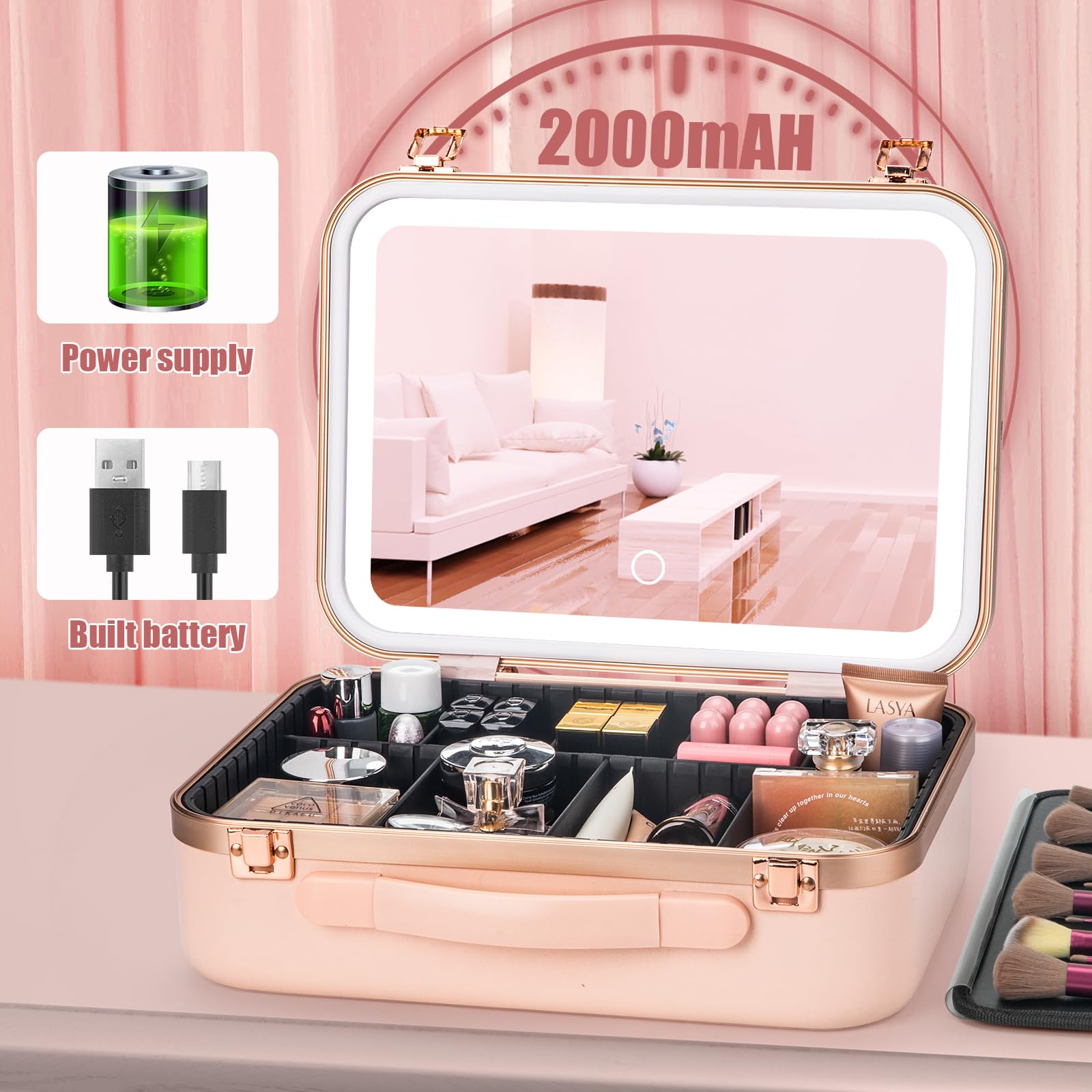 S&N Remille Travel Makeup Case with LED Light Mirror, Portable Waterproof Makeup Bag with 3 Adjustable Color Brightness Professional Cosmetic Train Case Organizer with Adjustable Dividers