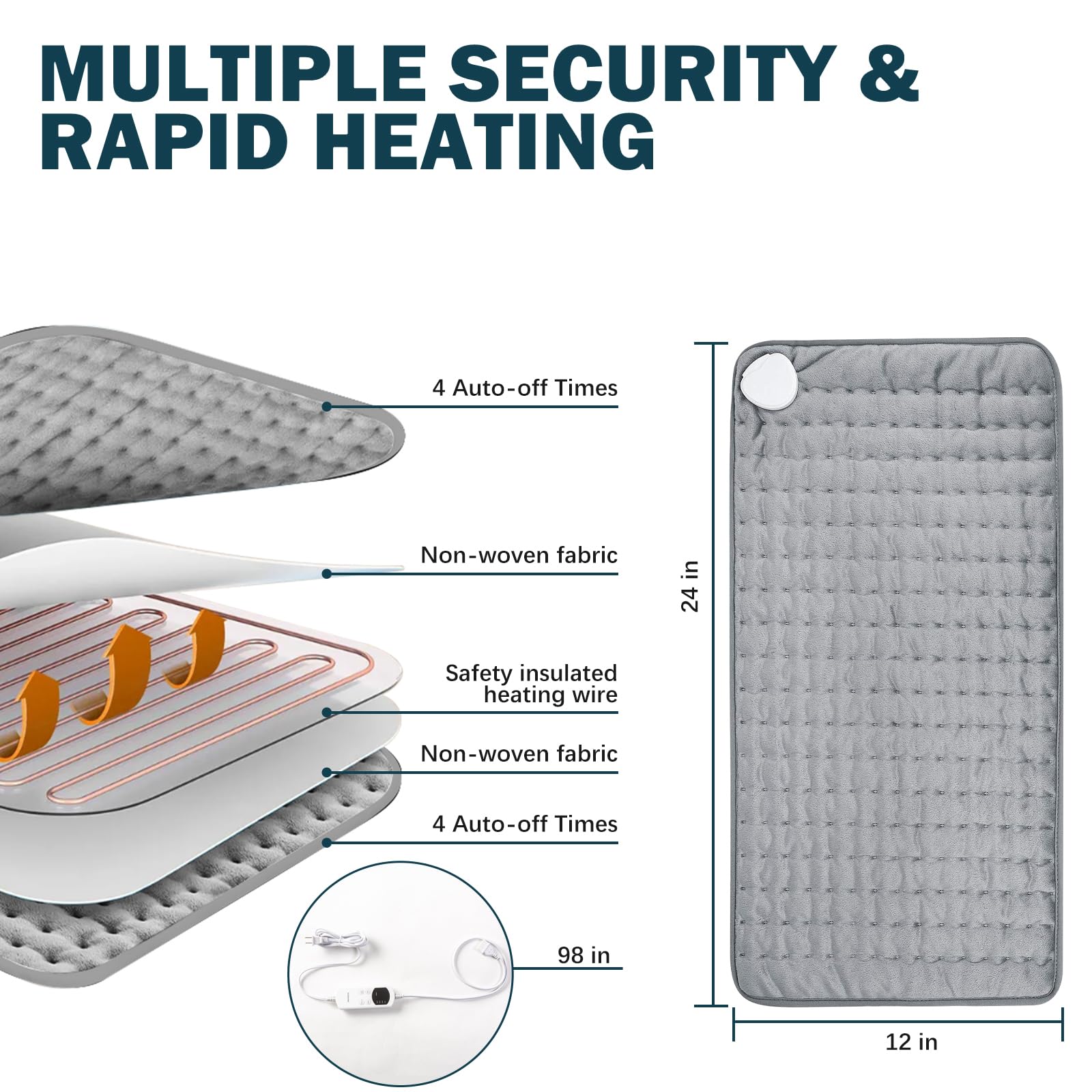 Heating Pad, Electric Heating Pad for Back Pain & Cramps, Neck & Shoulder, DJIOWEUE Heating Pads with Automatic Closing Function, 6 Modes, Wet Heating Option,Christmas Gifts 12''x24'' (Gray)