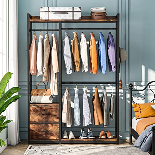 Tribesigns 86 inches Tall Freestanding Closet Organizer with Shelves and 2 Fabric Drawers, Heavy Duty Clothes Rack with 3 Hanging Rods, Garment Rack for Hanging Clothes,47.2" W x 15.7" Dx 86.6" H