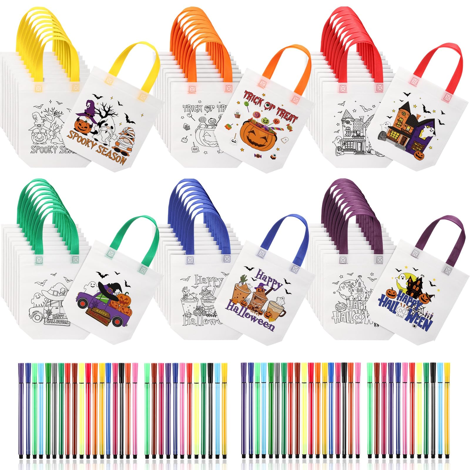 Vincreem 54 Pcs Halloween Coloring Bags with 60 Pcs Colorful Markers Non Woven Coloring Goodie Bags Ghost Pumpkin Trick or Treat Color Your Own Bag Reusable Party Favor Bags for Holiday DIY Painting