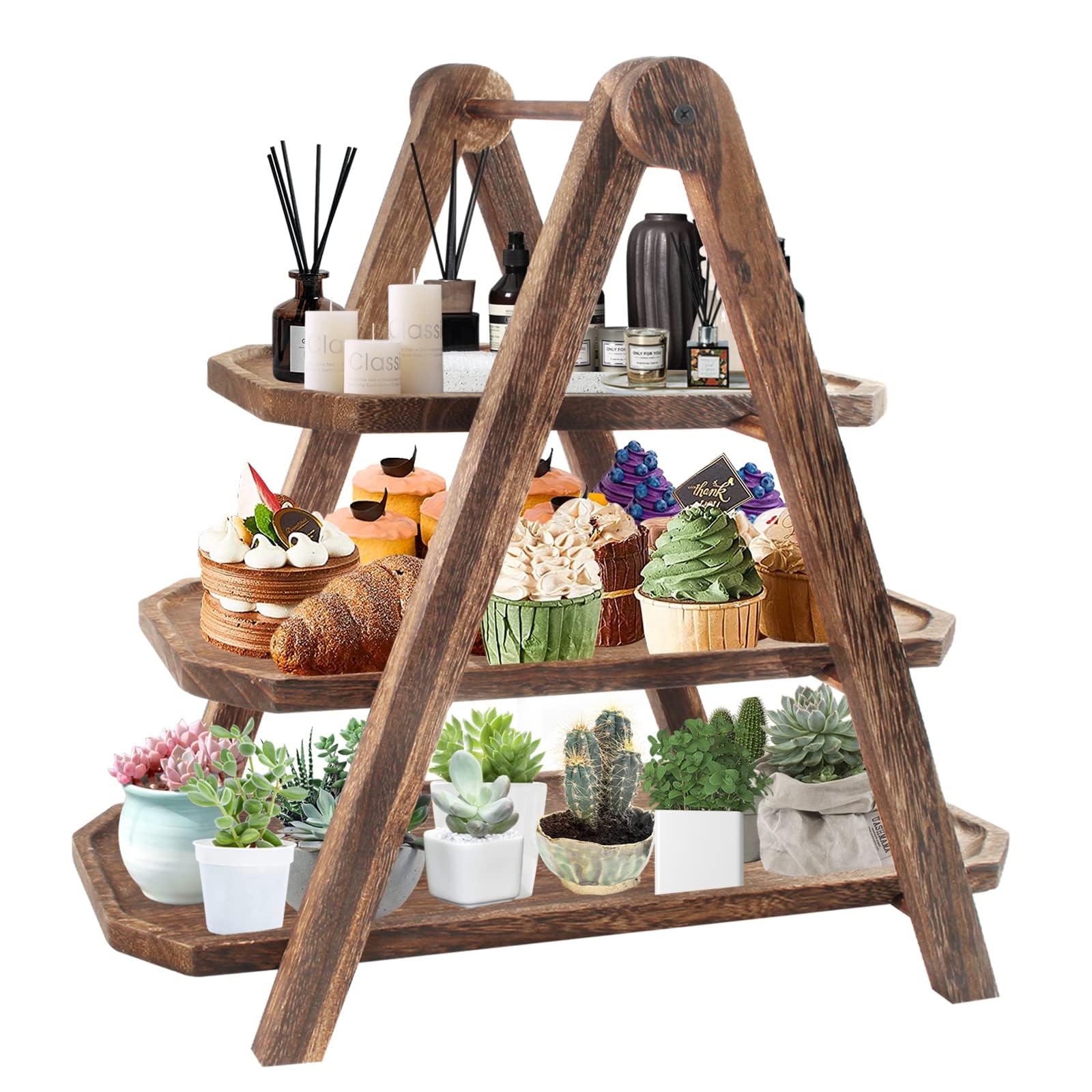 Kiusatig 3 Tier Serving Tray Tiered Decor Tray Tiered Tray Decor Foldable Ladder Serving Trays for Party,Food,Picnic,Home Decor,Bathroom