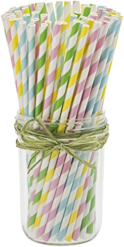 Paper Straws Biodegradable 200 Pack Striped Multi Colored BPA-Free Disposable 8.25" Long Non-Flexible Straw for Everyday/Birthday Party/Easter/Baby Shower/Wedding - By DuraHome