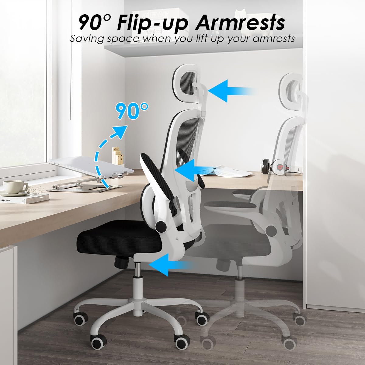 Soohow Ergonomic Home Office Chair, Mesh Desk Chair with Lumbar Support, Comfy Computer Desk Chair with Flip Armrest Rolling Wheels, White.