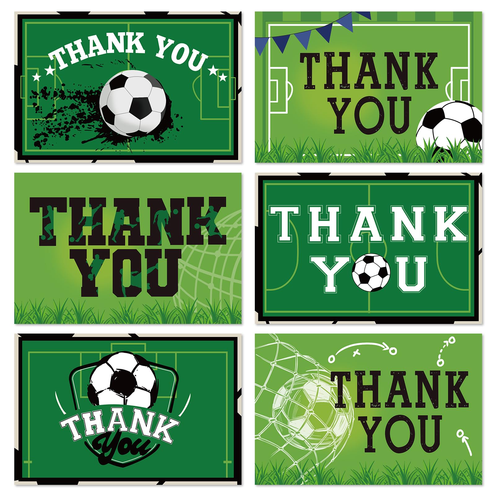 Whaline 36 Pack Football Thank You Cards with Envelopes Stickers 6 Design Green Soccer Blank Note Cards for Season Games Birthday Supplies, 4 x 6 Inch