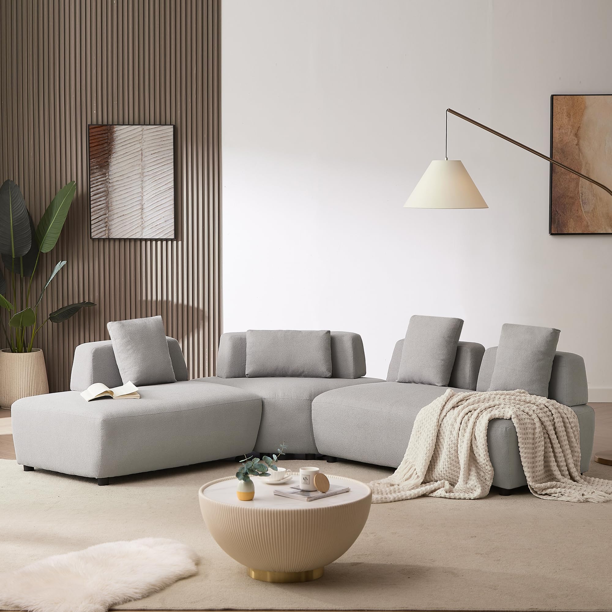 WILLIAMSPACE 92.5" Luxury Sectional Sofa for Living Room, Modern Upholstery Boucle Sofa Couch with 4 Pillows, Contemporary Sectional Curved Sofa Corner Couch for Apartment, Boucle Fabric (Grey)