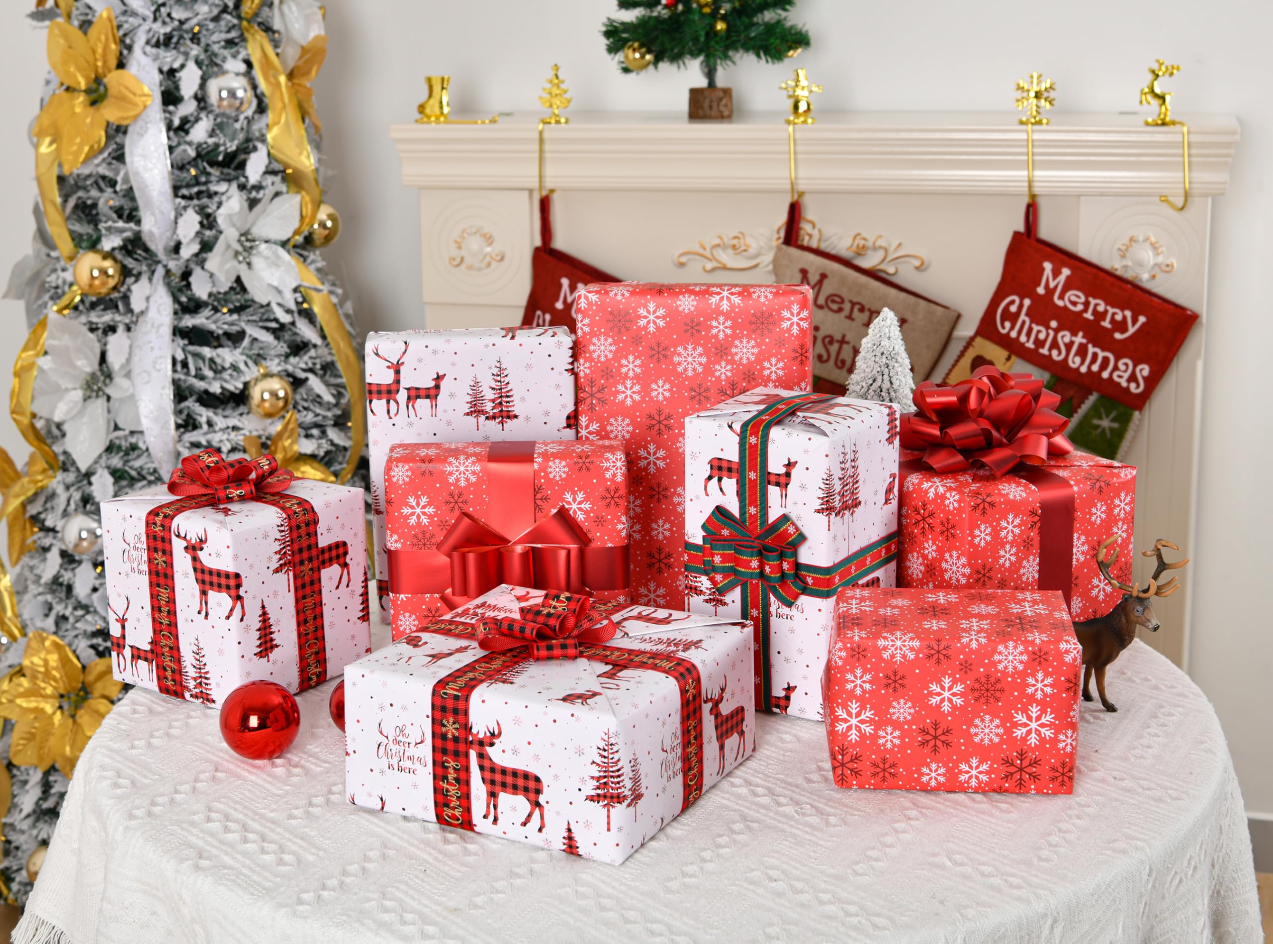 Sikiweiter Christmas Wrapping Paper Rolls -Mini Roll 17 Inch X 33 Feet - Reversible Red Christmas Wrapping Paper, Plaid Reindeer and Snowflake Design Christmas Wrapping Paper(Christmas)