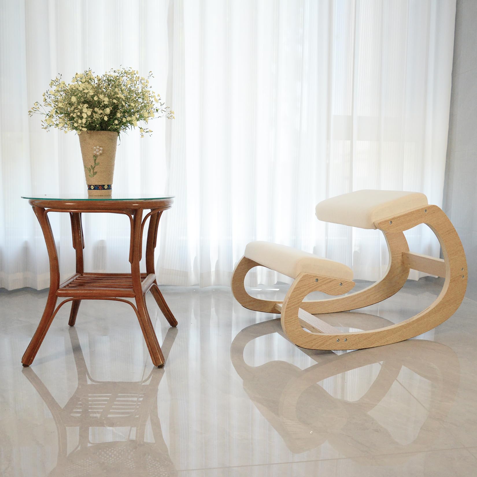 QIUJIARUI Ergonomic Kneeling Chair with Comfort Cushion,Wooden Rocking Seat for Improved Posture – Perfect for Home and Office Use (Beige)