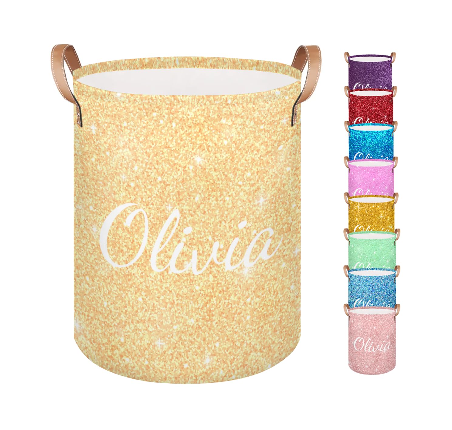 SPYORBKX Custom Laundry Basket with Name, Personalized Baby Laundry Hamper for Bedroom Bathroom, Round Storage Basket with Handle for Men Women Sparking