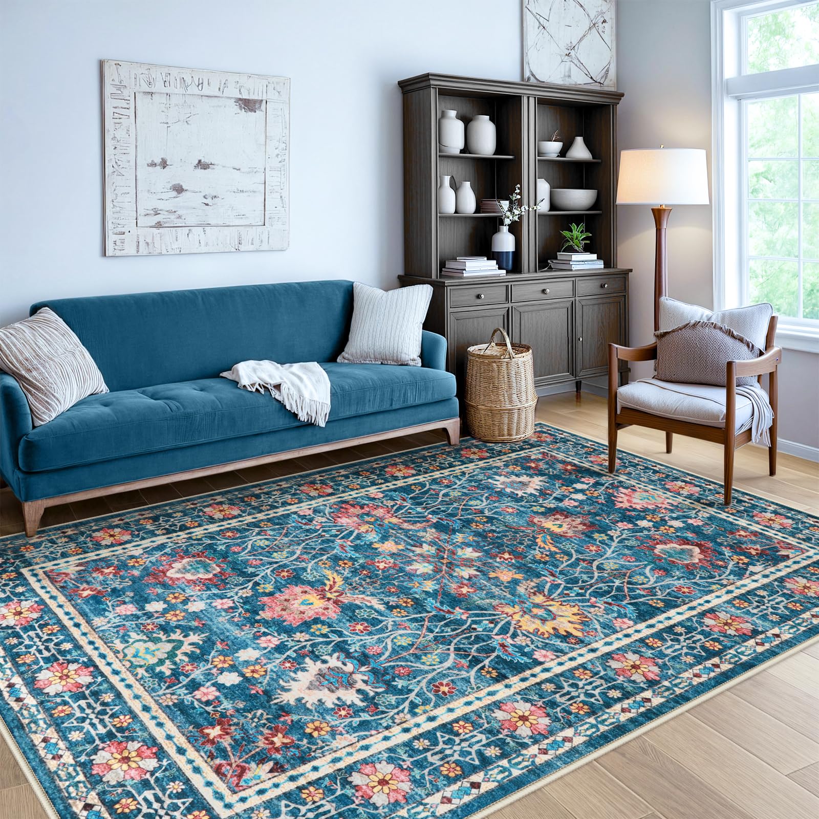 Sivilife Blue 5x7 Area Rugs for Living Room, Washable Rugs for Bedroom Non Slip Throw Rugs, Vintage Floral Large Accent Rug Soft Low Pile Carpet for Dining Room Nursery Playroom Classroom Office