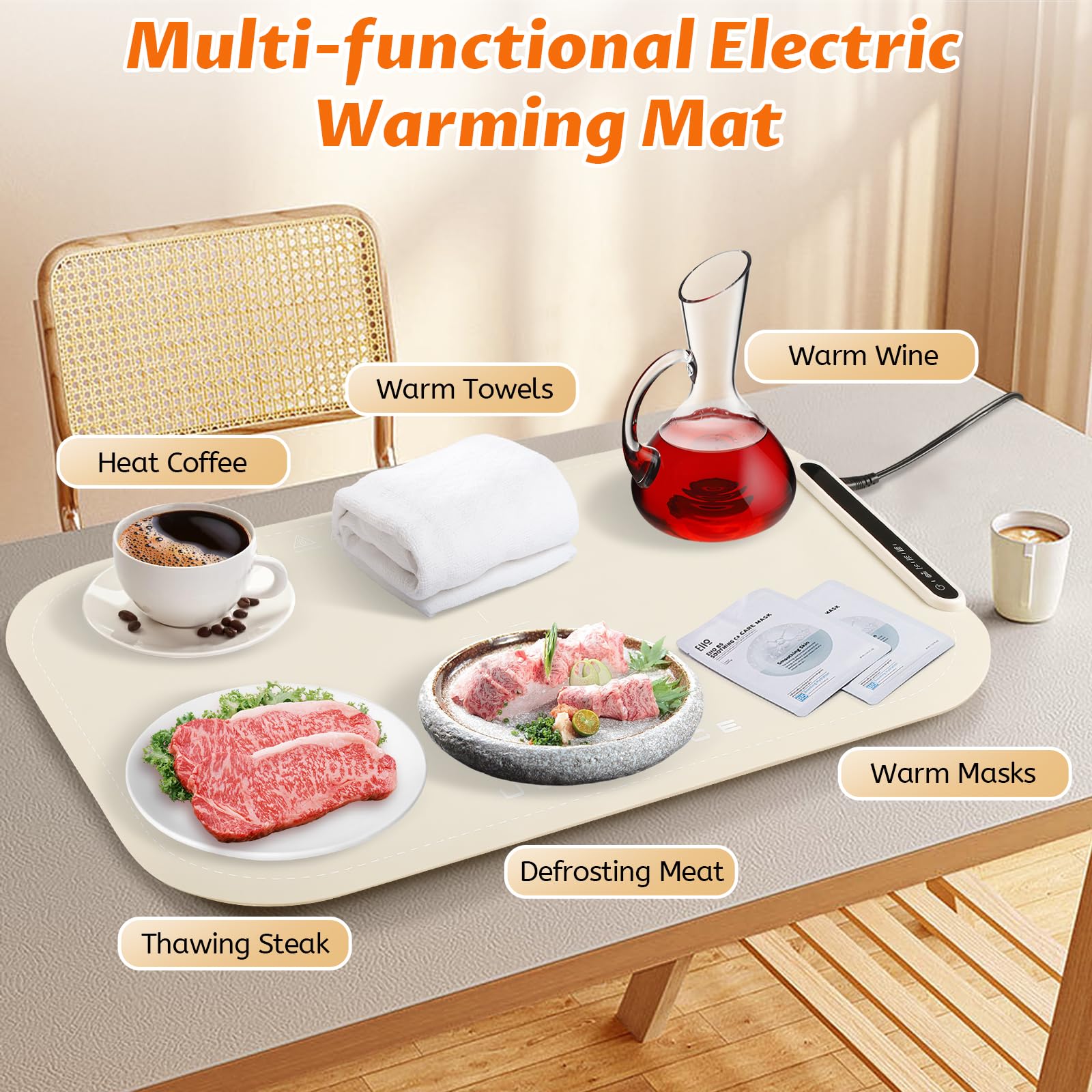 UBALANCE Electric Warming Tray Food Warmer Mat, Full Surface Silicone Heating Pad, 3 Adjustable Temperature Foldable Portable Hot Plate for Buffets Party Daily Use Gathering Catering (Beige)