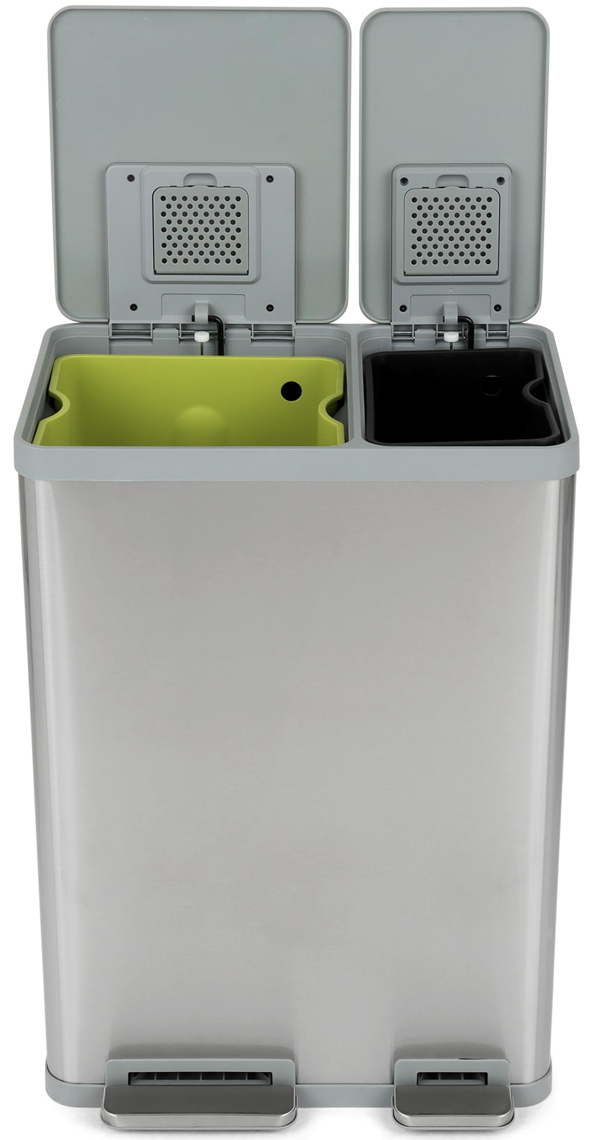 SIMPLI-MAGIC 60 Liter / 16 Gallon Rectangular Hands-Free Dual Compartment Recycling Kitchen Step Trash Can with Soft-Close Lid, Brushed Stainless Steel (38L x 22L Capacity)