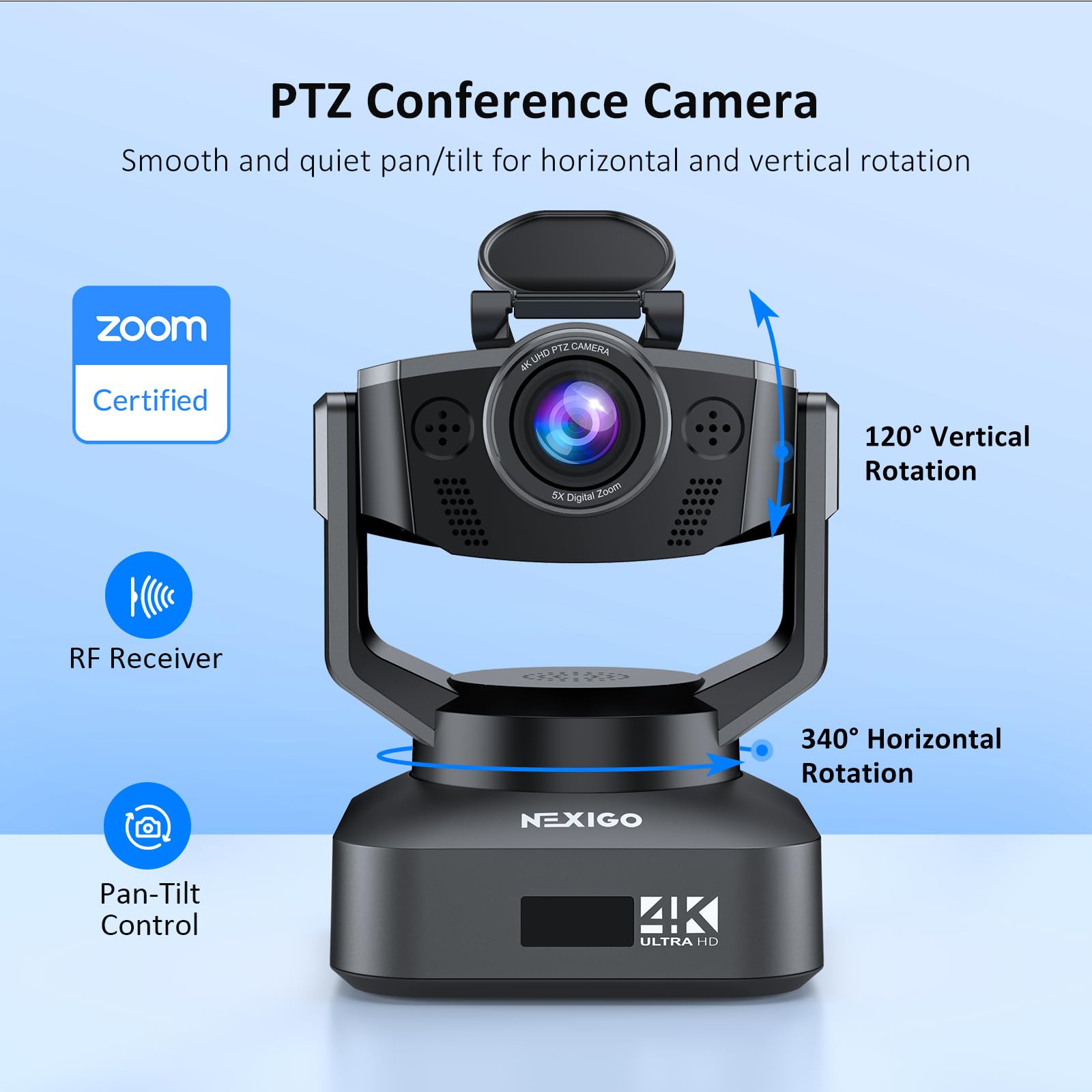 NexiGo Zoom Certified, N990 (Gen 2) 4K PTZ Webcam, Video Conference Camera System with 5X Digital Zoom, Sony_Starvis Sensor, Position Preset, Dual Stereo Mics, 3.5mm Audio Jacks for External Mics