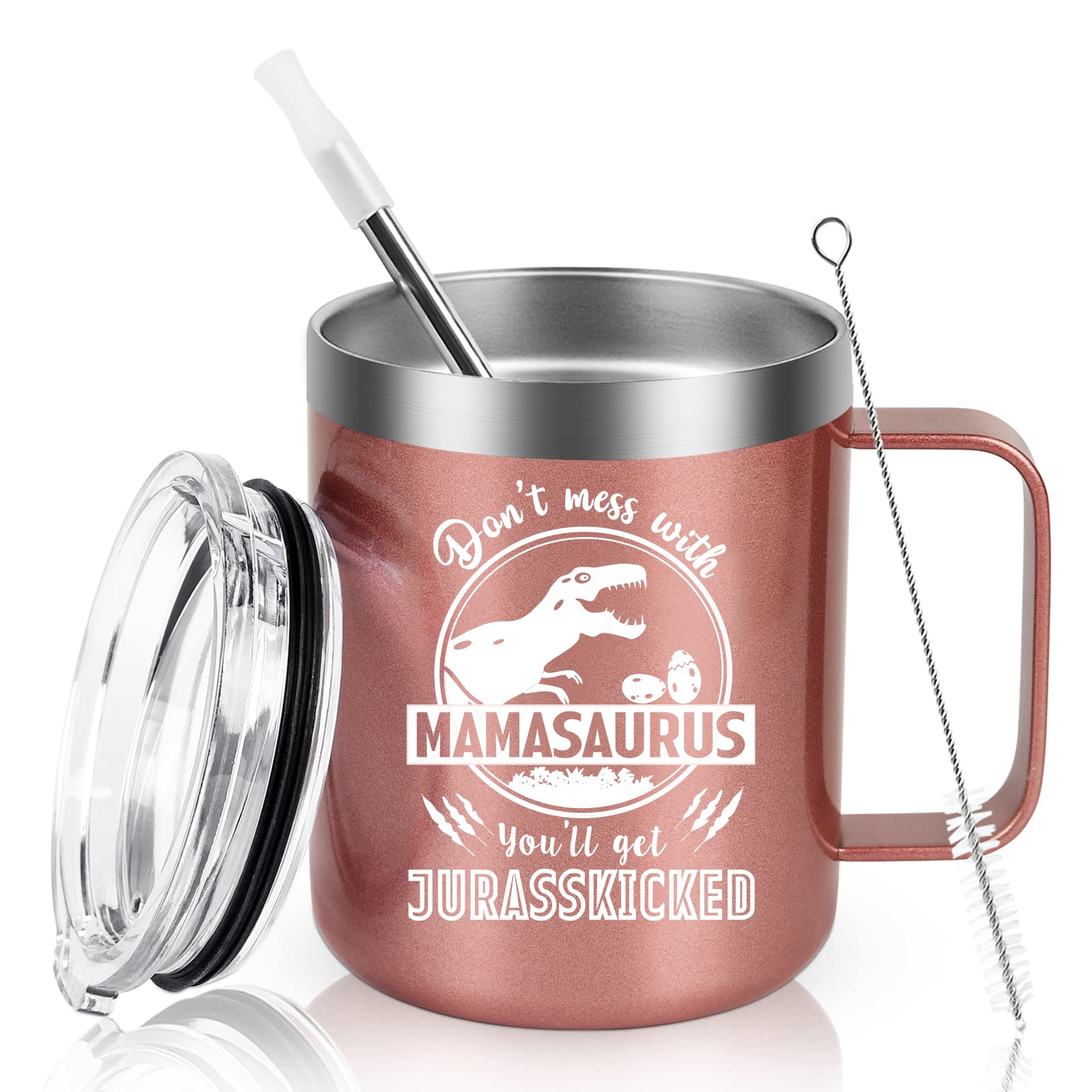 Lifecapido Mom Gifts - Don't Mess with Mama Saurus 12oz Insulated Travel Mug, Mamasaurus Stainless Steel Coffee Mug, Mother's Day Birthday Christmas Gift for Mom Mama Mother New Mom Stepmom, Rose Gold
