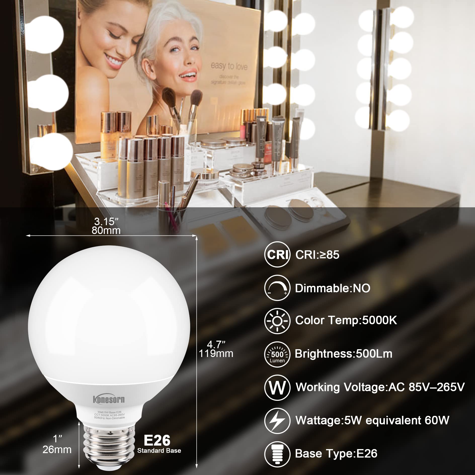 Honesorn 10 Pack G25 LED Globe Light Bulbs, 60 Watt Equivalent, 5000K Daylight Bathroom Light Bulbs E26 Base, Vanity Light Bulbs for Bathroom, Round Bulb Over Mirror, 120V CRI85+ 500LM Non-dimmable