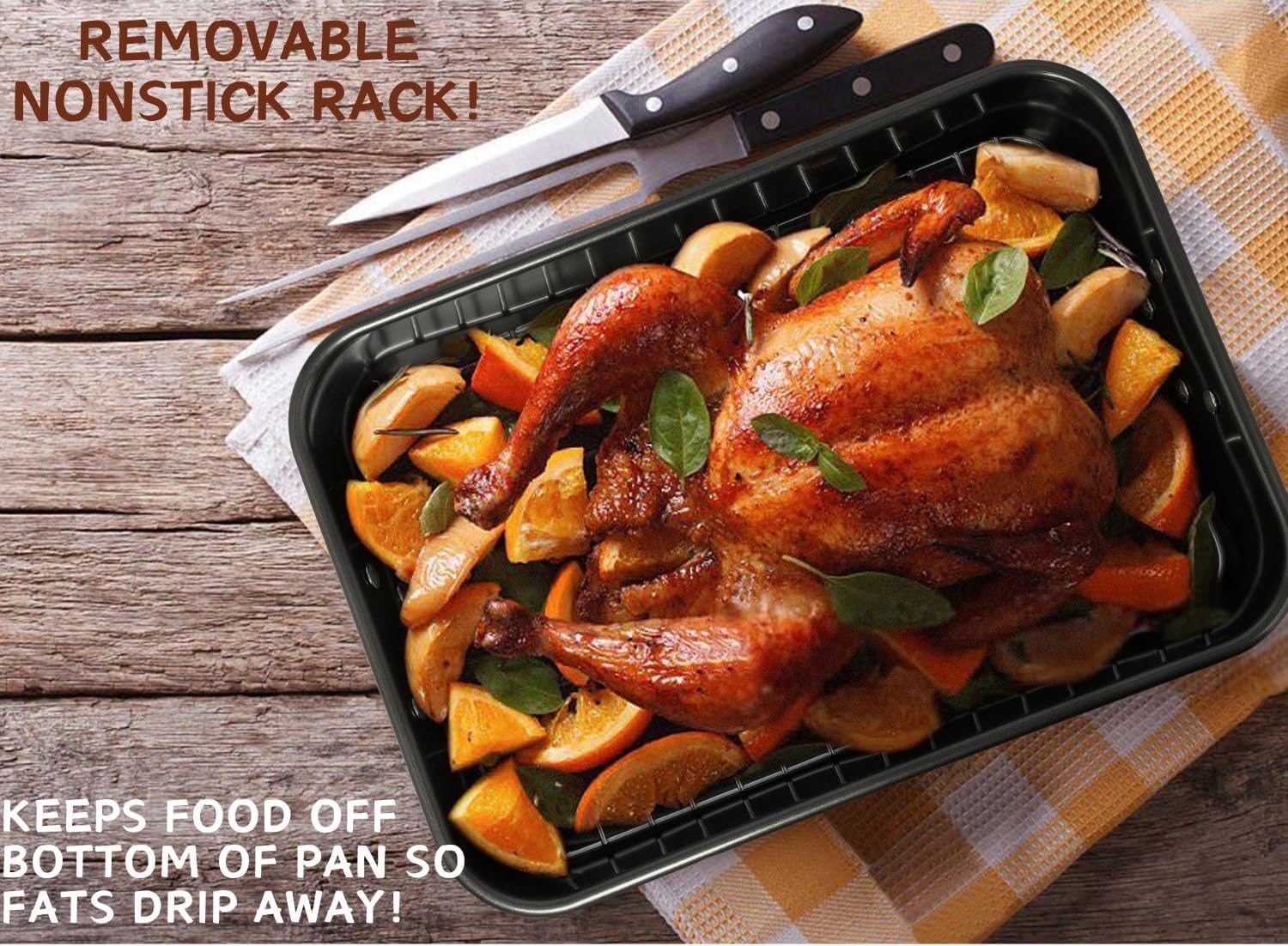 Roasting Pan with Rack and Handles - 15 Inch Carbon Steel Roaster Pan for Oven - Large Roaster Pot for Turkey Chicken Meat & Vegetables, Dishwasher Safe, Heavy Duty, Black