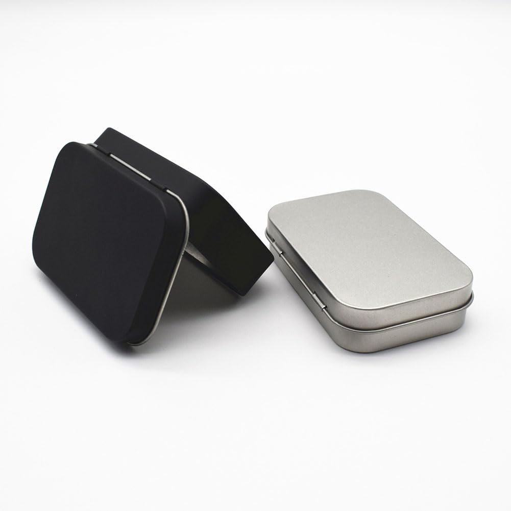 UUYYEO 4 Pcs Metal Rectangular Tin Box Empty Hinged Lid Box Mini Portable Pill Containers Small Item Storage Organizer Candy Pin Storage Container Case Black